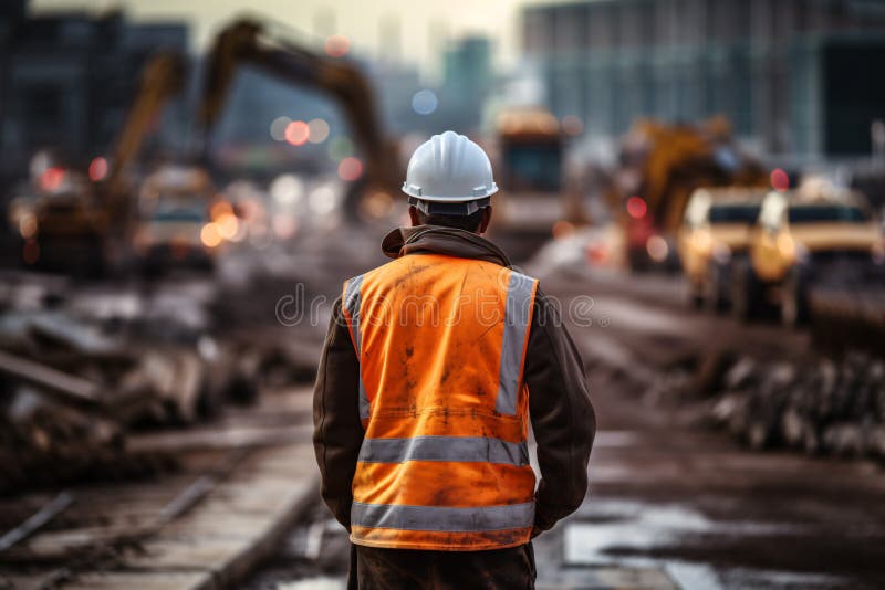 Back View of Worker in Orange Safety Vest and Helmet Overseeing ...