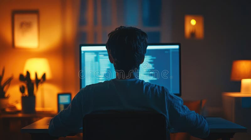 Back View of it Worker Sitting at Desk and Programming on Computer, Focused and Engaged in ...