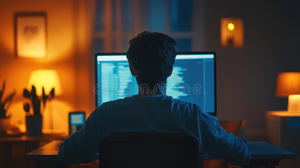 Back View of it Worker Sitting at Desk and Programming on Computer ...