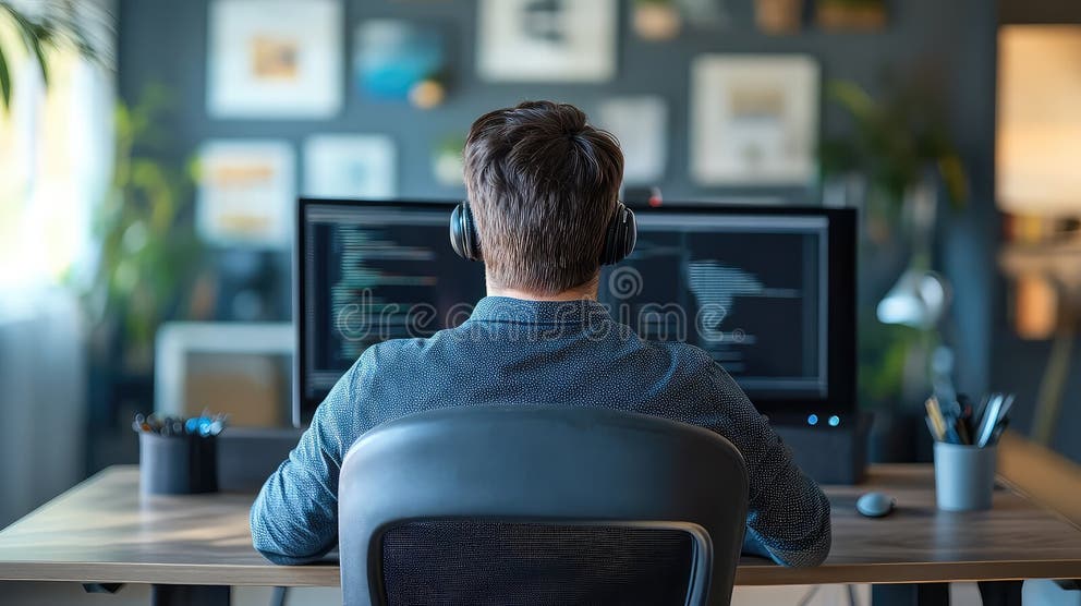 Back View of it Worker Sitting at Desk and Programming on Computer ...