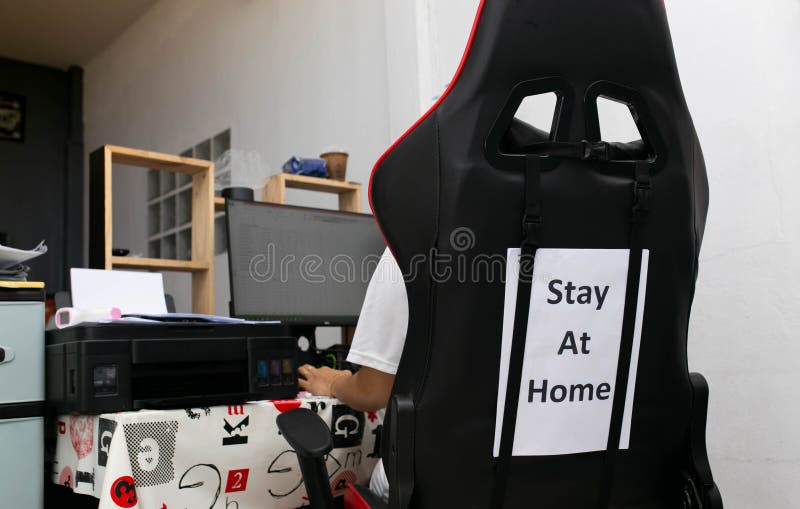 Back View of Worker Using Computer, Work at Home. Stock Image - Image ...