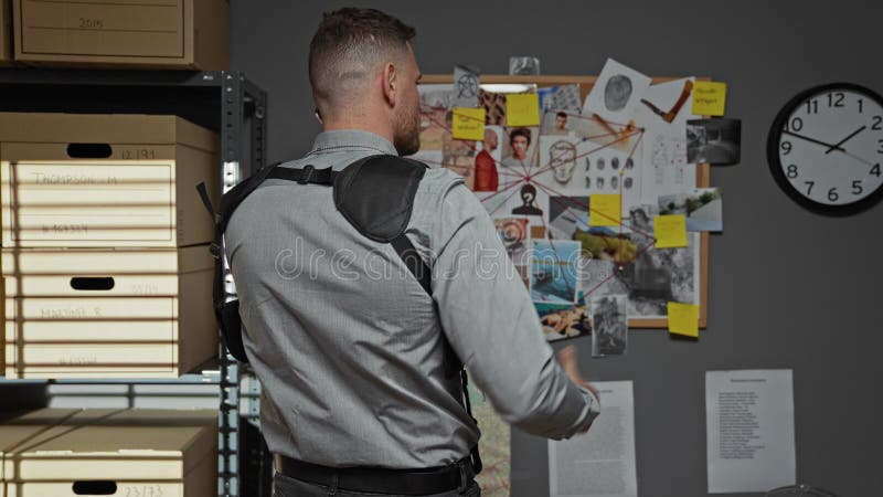Back View of a Young Bearded Man at a Detective Office with Evidence ...