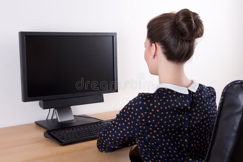 Back View of Beautiful Business Woman in Office Using Computer W Stock ...