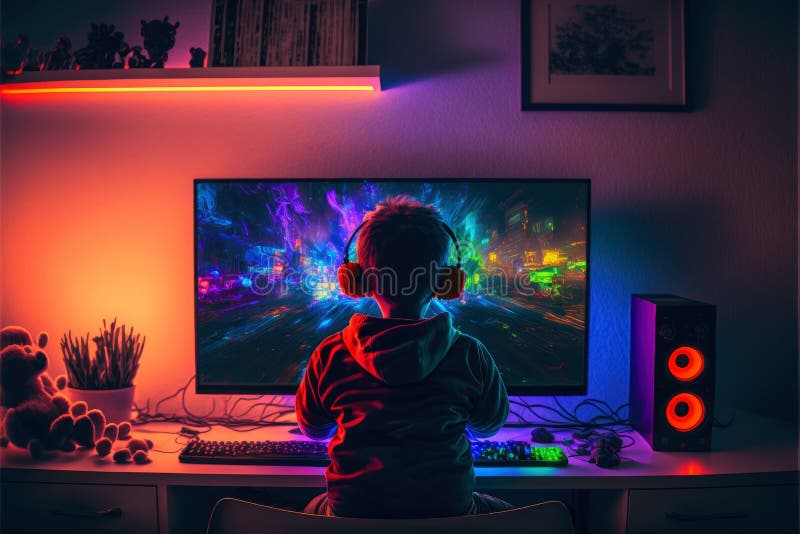 Back View of a Young Boy Playing Videogames and Watching a Huge ...