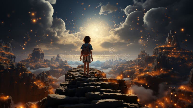 Back View of Young Boy Walking in Wonderland Stock Illustration ...