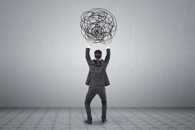 Back View of Businessman Holding Scribble of Thoughts on Concrete Wall ...