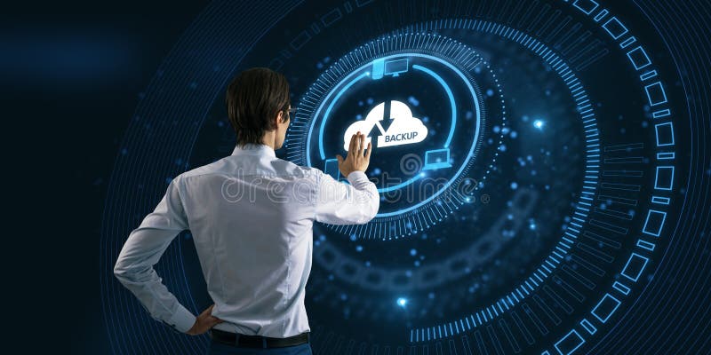 Back View of Young Businessman Pointing at Abstract Glowing Cloud ...