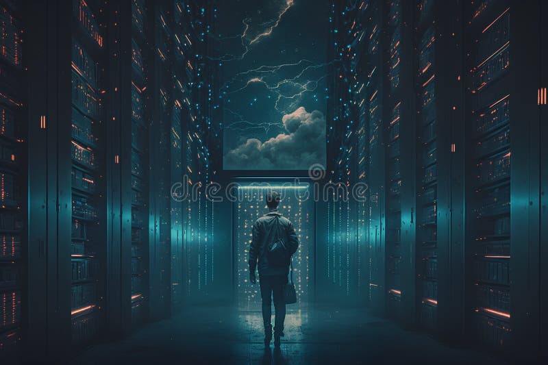 Back View of Young Businessman in Server Room Looking at Lightning ...