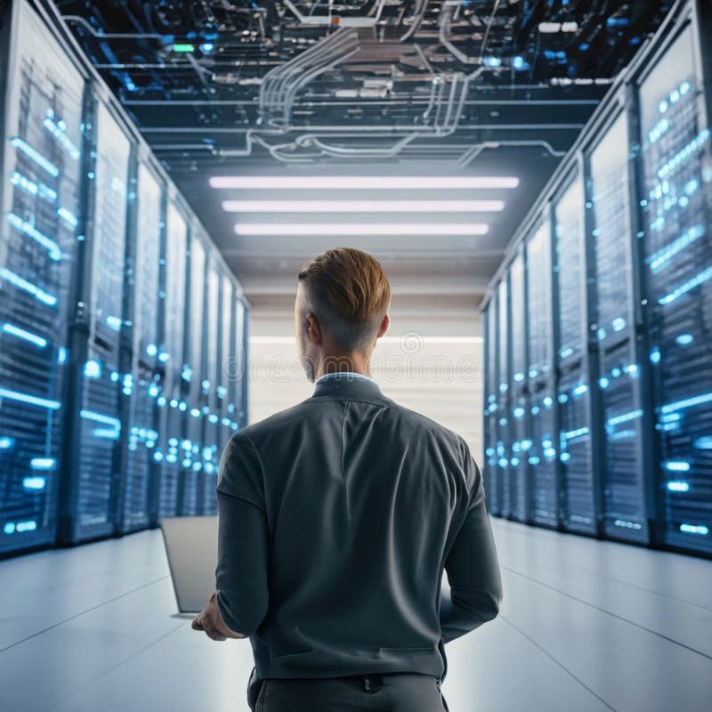 Back View of Young Businessman in Shiny Server Room. Technology Concept ...