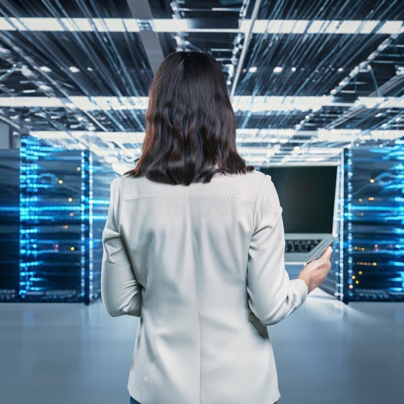 Back View of Young Businessman in Shiny Server Room. Technology Concept ...