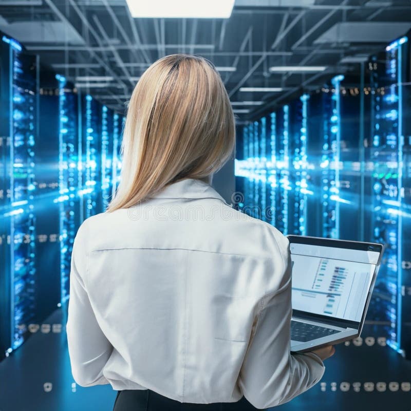 Back View of Young Businessman in Shiny Server Room. Technology Concept ...