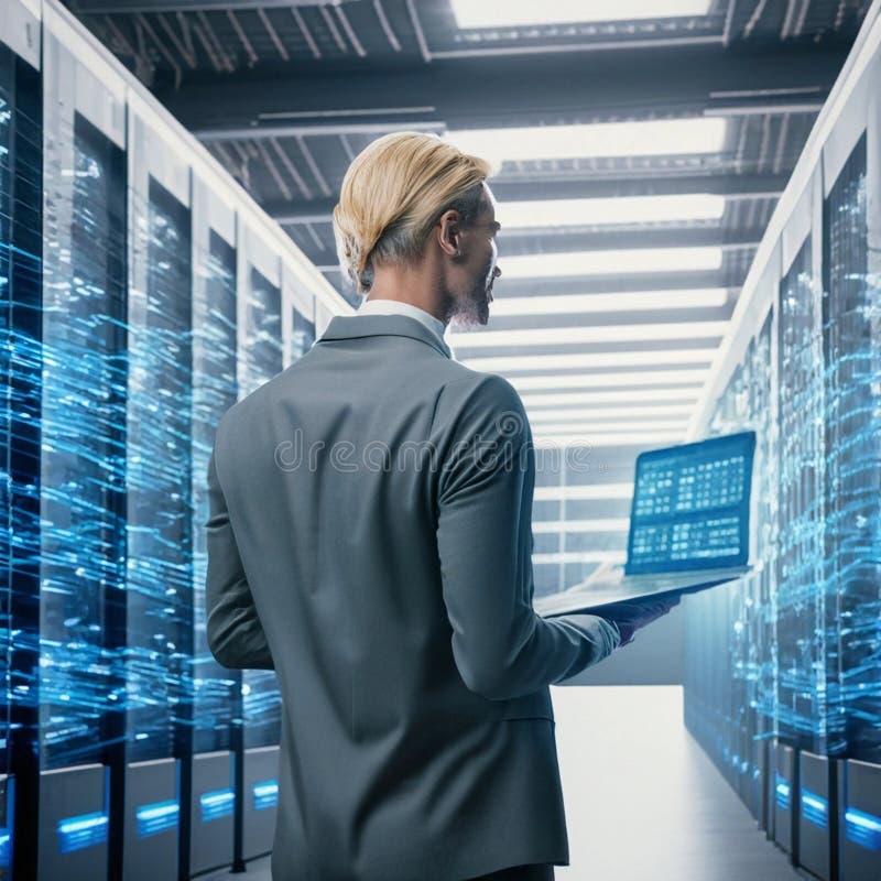 Back View of Young Businessman in Shiny Server Room. Technology Concept ...