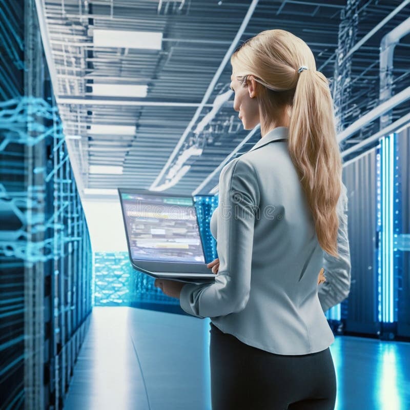 Back View of Young Businessman in Shiny Server Room. Technology Concept ...
