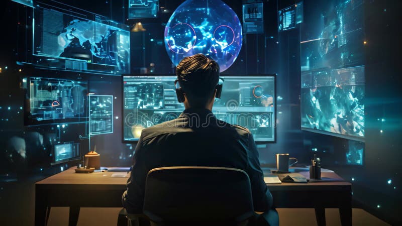 Back View of Young Businessman Sitting at Table in Office and Looking ...