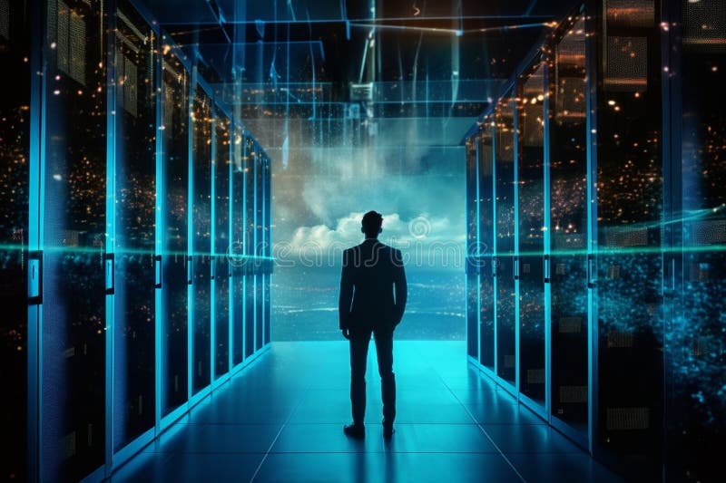 Back View of Young Businessman Standing in Server Room and Looking at ...