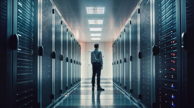 Back View of Young Businessman Standing in Server Room and Looking at ...
