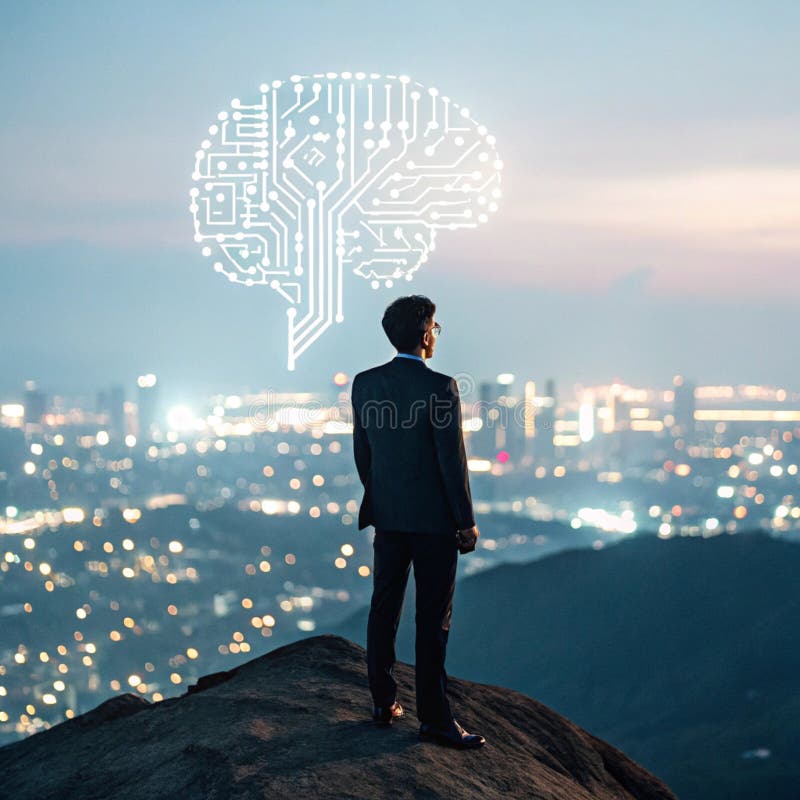 Businessman on Mountain Top with AI Brain Interface Stock Illustration ...