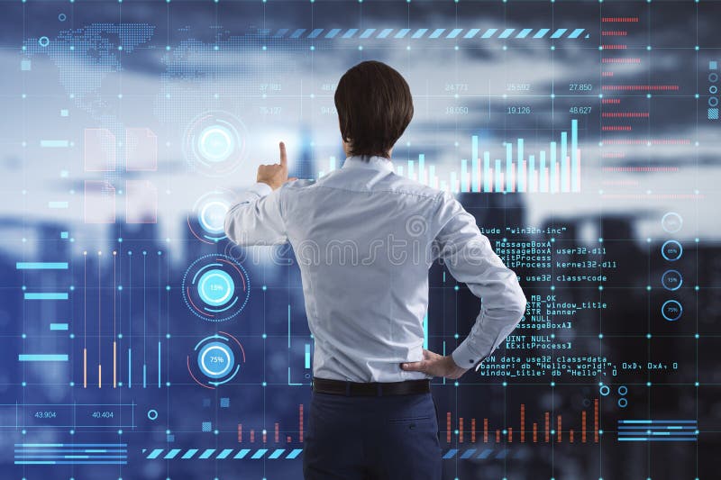 Back View of Young Businessman Using Glowing Digital Interface with ...