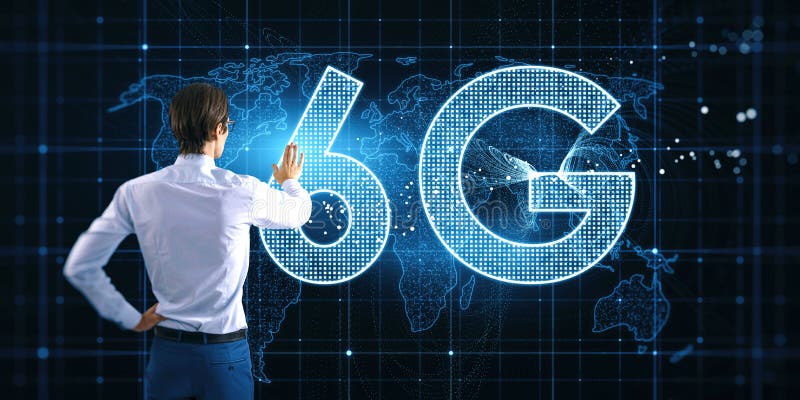 Back View of Businessman Using Glowing 6G Hologram with Map on Blurry ...