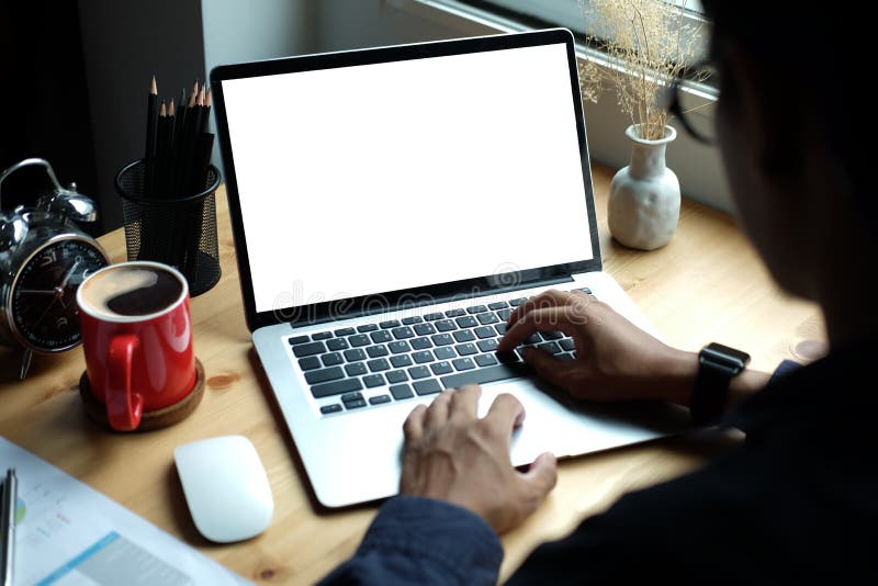 Back View of Young Businessman Working on New Project with Computer ...