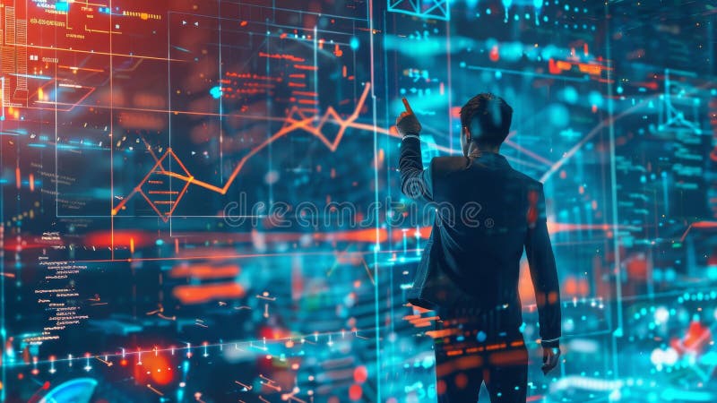 Back View of Young Businessman Working with Virtual Panel with ...