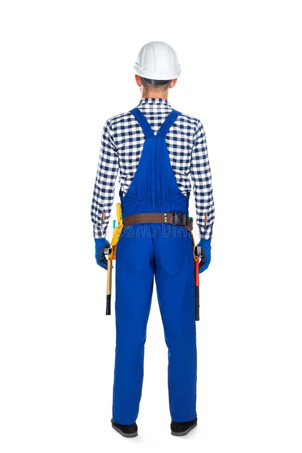 Back View of Young Construction Worker in Uniform and Tool Belt Stock ...