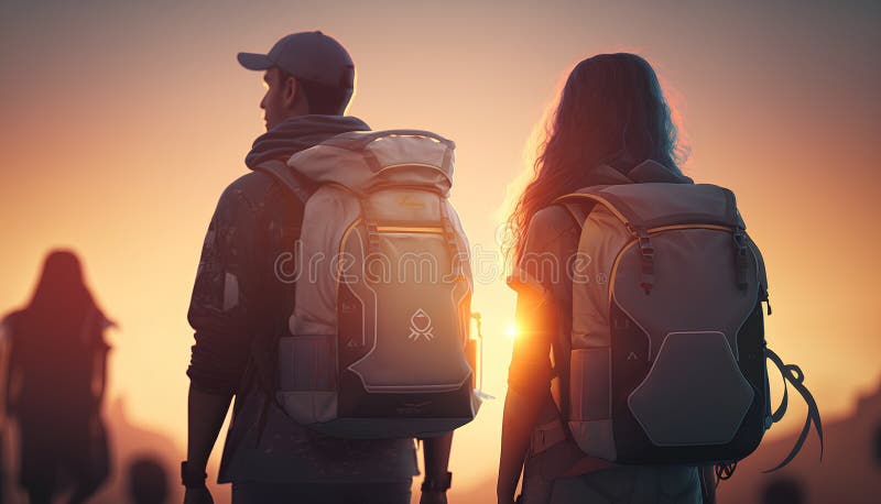 Back View of Young Couple with Backpacks Looking at the Sunset. Stock ...