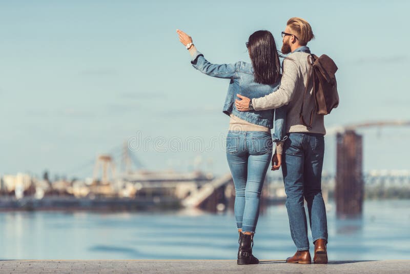 Back View of Young Couple Spending Time Stock Image - Image of fashion ...