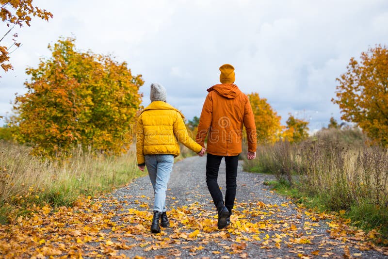 Back View of Young Couple Walking in Autumn Park Stock Photo - Image of ...