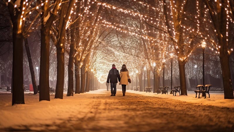 Back View of Young Couple Walking in Winter Park at Night with Lights ...