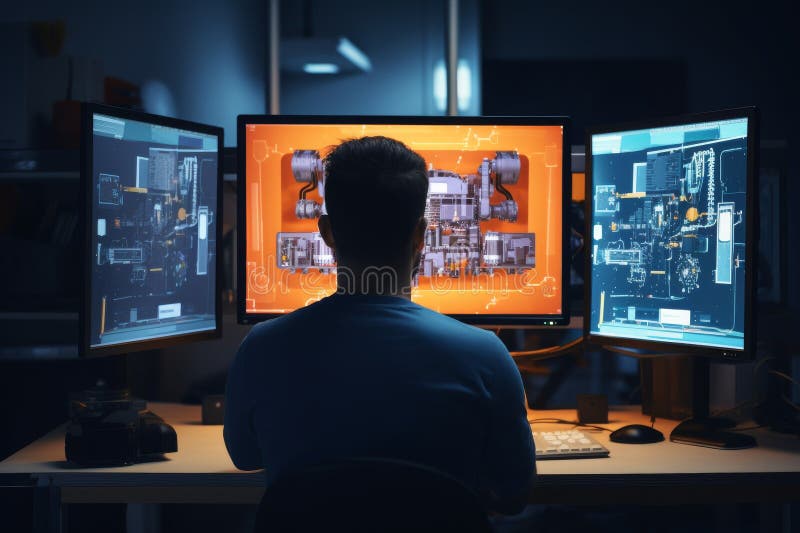 Back View of Young Engineer Developing 3d Machine Parts in CAD Software ...