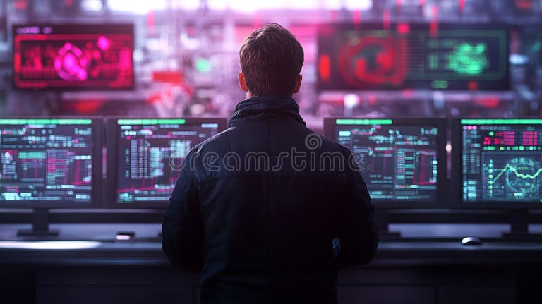 Back View of a Young Engineer Working on Computer in a Technological ...