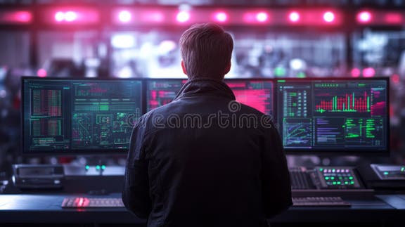 Back View of a Young Engineer Working on Computer in a Technological ...