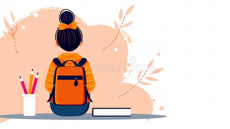 Back View of a Young Girl with a Backpack Sitting in Front of a Book ...