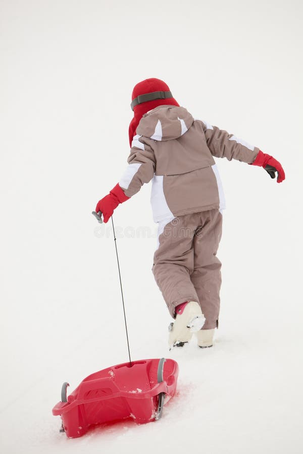 Back View Young Girl Pulling Sledge Stock Image - Image of rear, person ...
