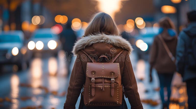 Back View of Young Girl Walking on the Street at Night Stock ...