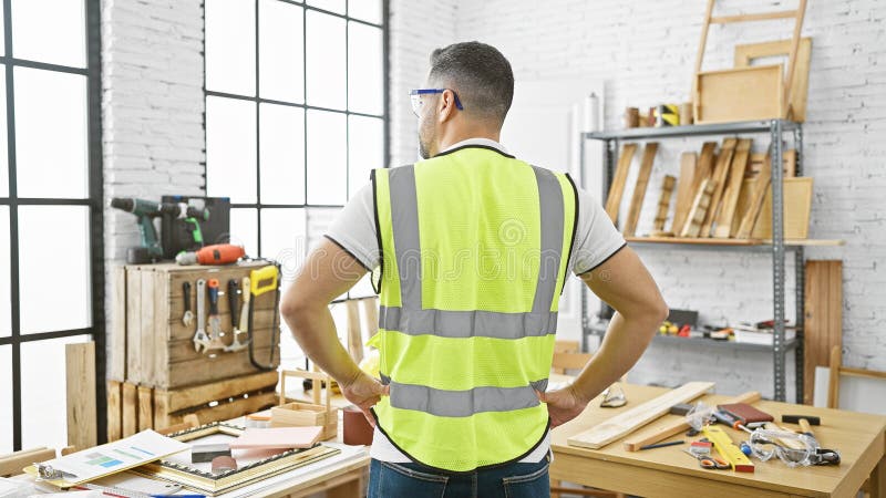 Back View of a Young Hispanic Man with Safety Vest and Glasses in a ...