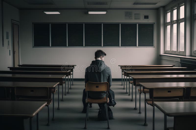 Back View of a Young Male Student Sitting in an Empty Classroom at School Stock Illustration ...