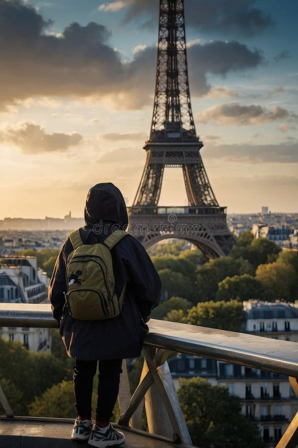 Back View of Young Man with Backpack Looking at Eiffel Tower in Paris ...