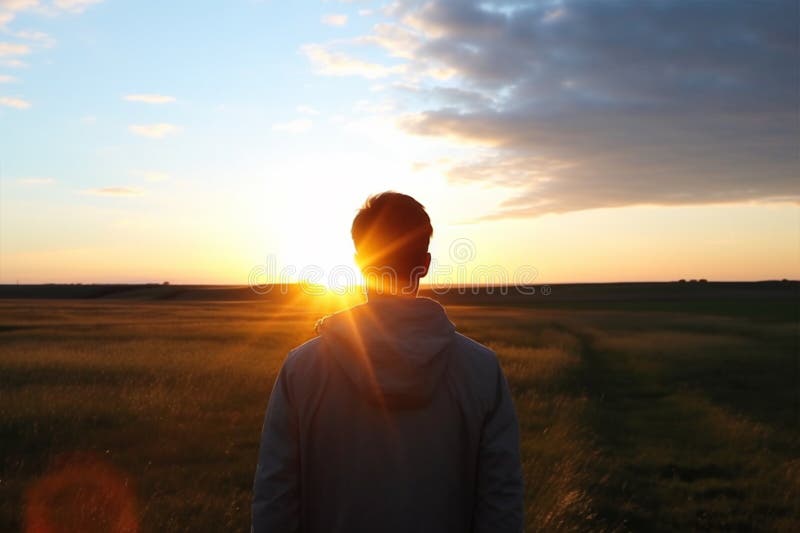 Back View of a Young Man Looking at the Sunset Over the Sea with ...