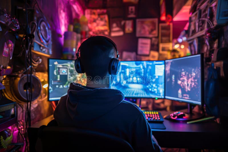 Back View of a Young Man Playing Video Games in a Nightclub. Stock ...