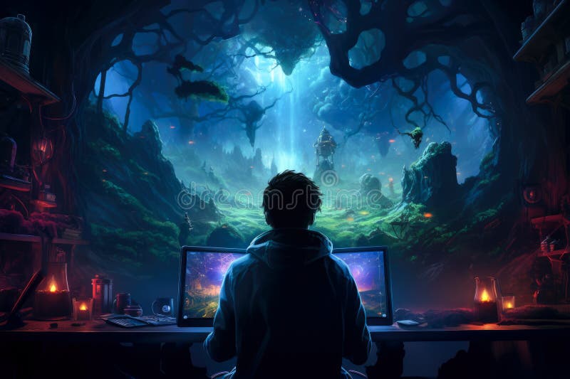 Back View of a Young Man Playing Video Games in a Nightclub. Stock ...