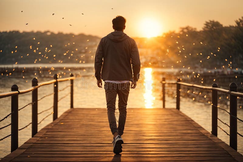 Back View Young Man Running on Pier Near River. Ai Generative Stock ...