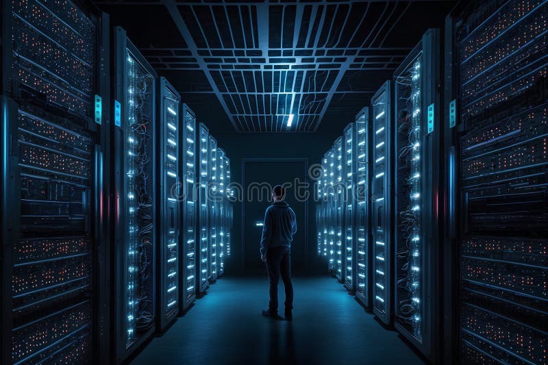 Back View of Young Man Standing in Server Room and Looking at Blue ...