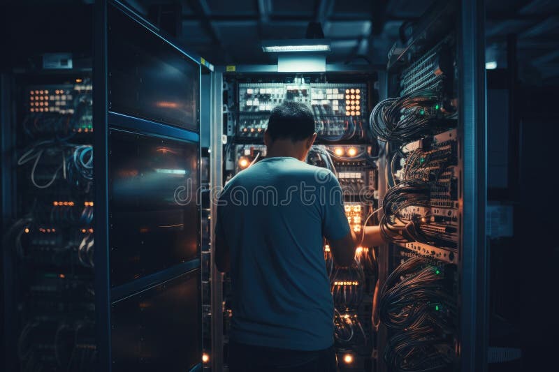 Back View of Young Man Standing in Server Room and Looking at Network ...