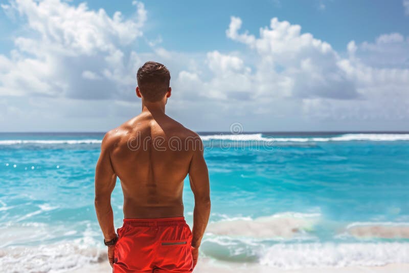 Back View of Man on the Summer Beach Stock Illustration - Illustration ...