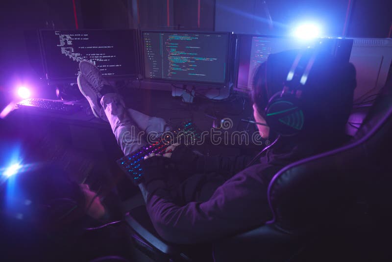Computer Programmer Working in Dark Stock Photo - Image of asian ...