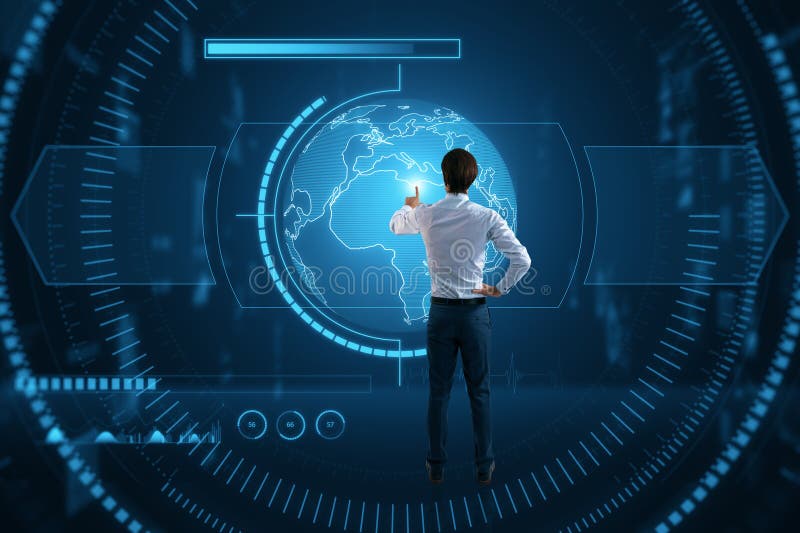 Back View of Man Walking into Metaverse World on Glowing Background ...