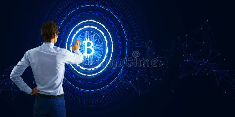 Back View of Man Using Creative Glowing Round Bitcoin Hologram on Dark ...