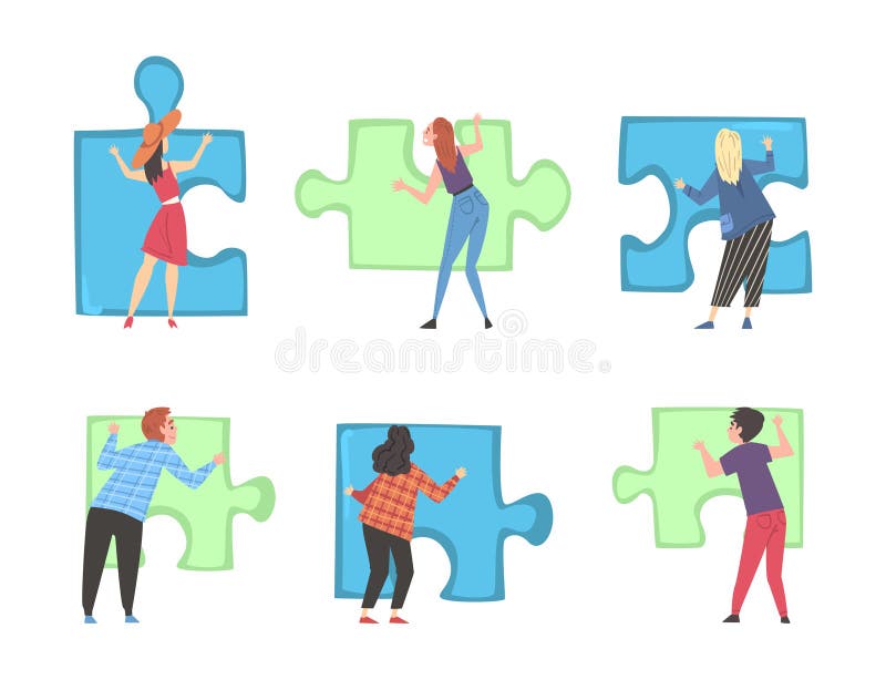 Back View of Young Man and Woman Solving Jigsaw Puzzle Vector Set Stock ...